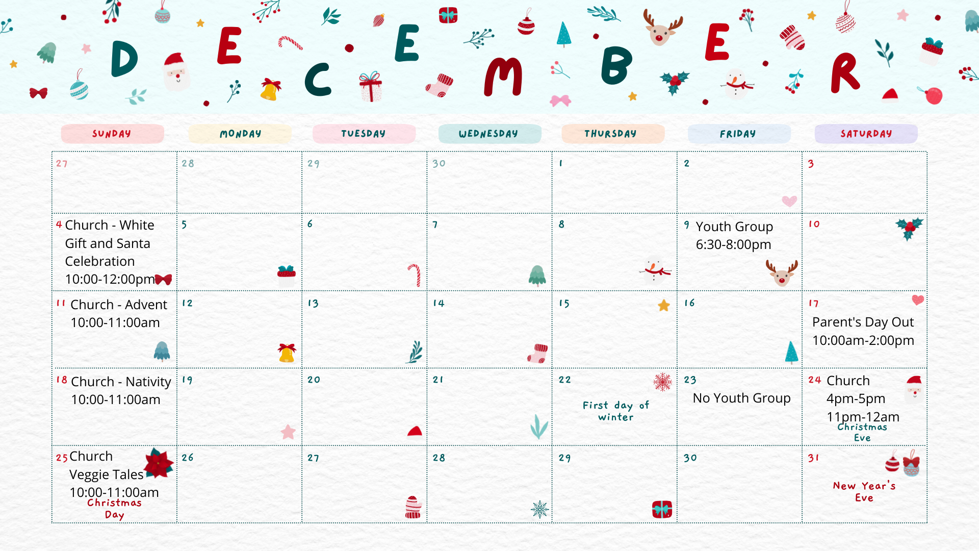 December Calendar 2022 - Orchard Valley United Church